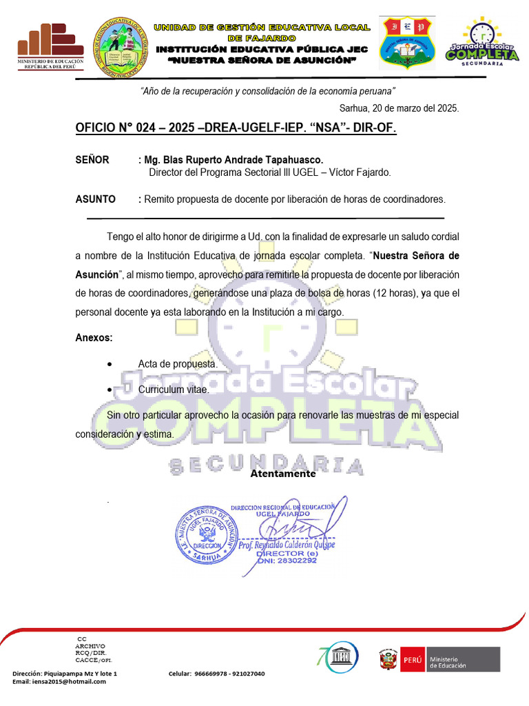 Oficio #024 2025 Drea-Ugelf-Iep. - DIR-OF.: Señor: Mg. Blas Ruperto Andrade Tapahuasco | PDF