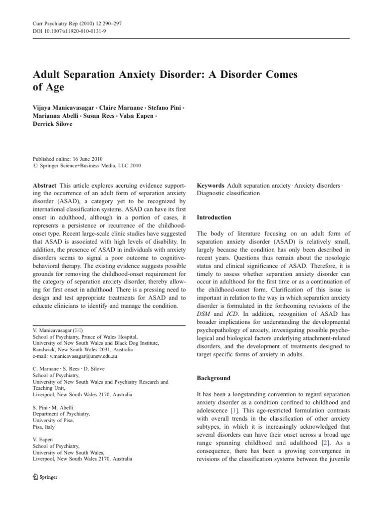 Adult Separation Anxiety Disorder A Diso | PDF | Mental Disorder | Diagnostic And Statistical ...