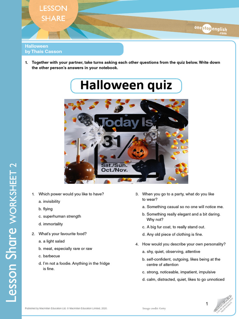 Halloween Personality Quiz Worksheet | PDF