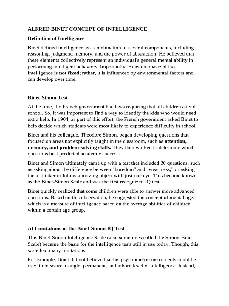 Alfred Binet Concept of Intelligence | PDF | Intelligence Quotient | Intelligence