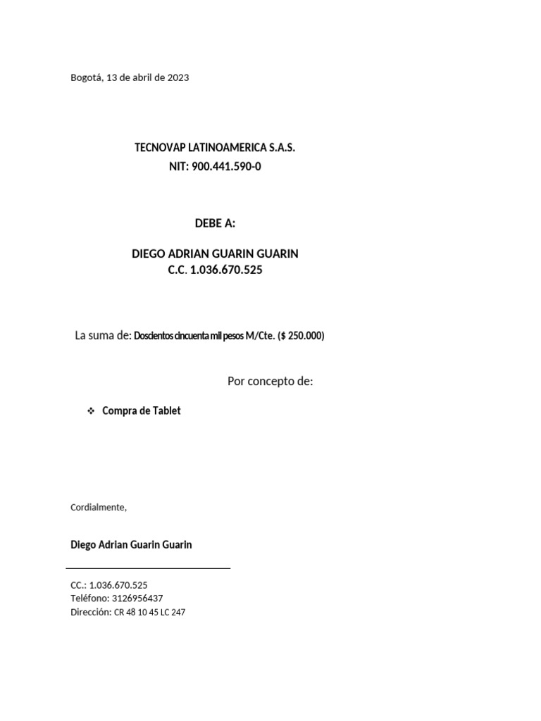 Deuda por compra de tablet en Bogotá | PDF