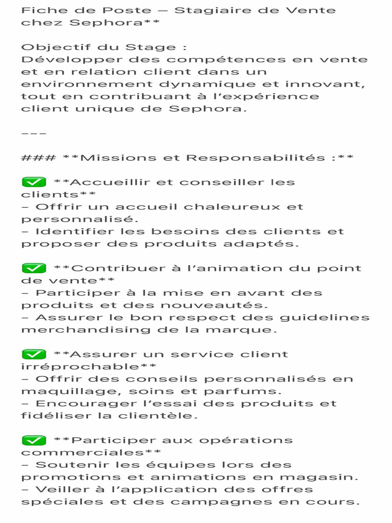 Fiche de Poste - Stagiaire de Vente Chez Sephora | PDF