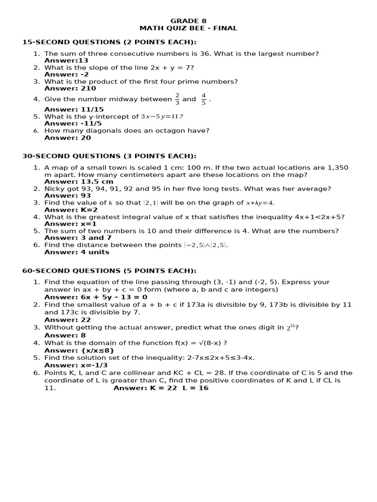 Grade 8 Math Quiz Bee-Final | PDF