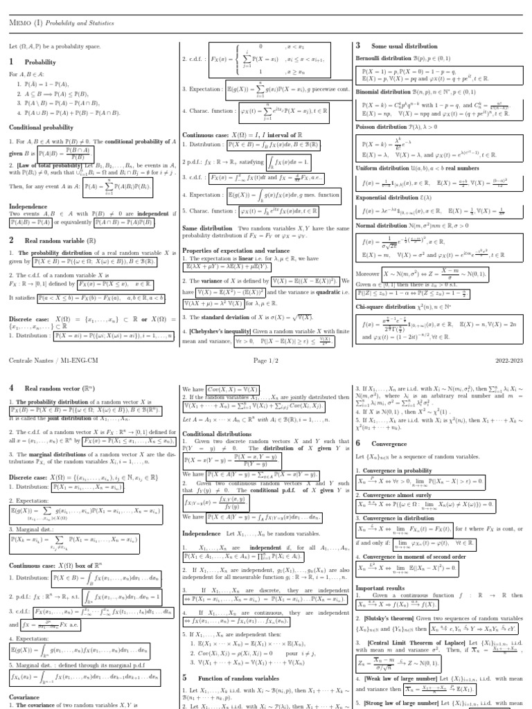 Memo Proba | PDF | Mathematics | Statistical Models