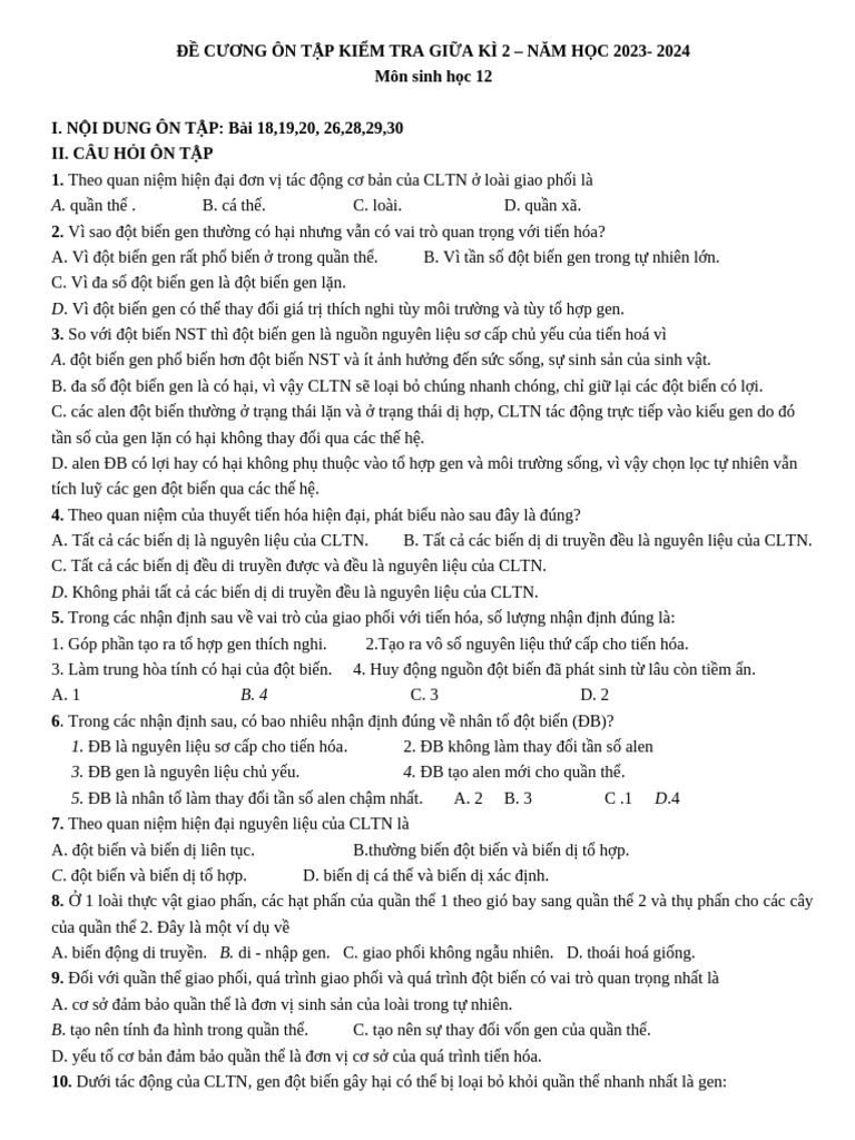 đáp án đề cương ôn tập ktra giữa kì 2-s12TN | PDF