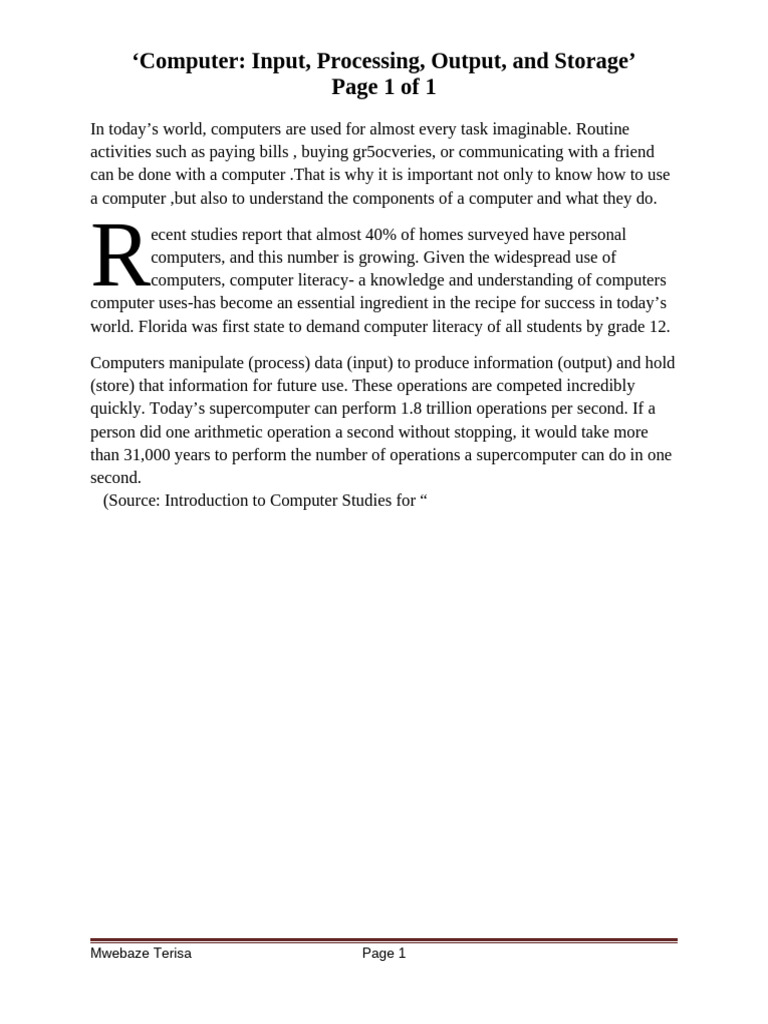 Computer: Input, Processing, Output, and Storage' Page 1 of 1 | PDF