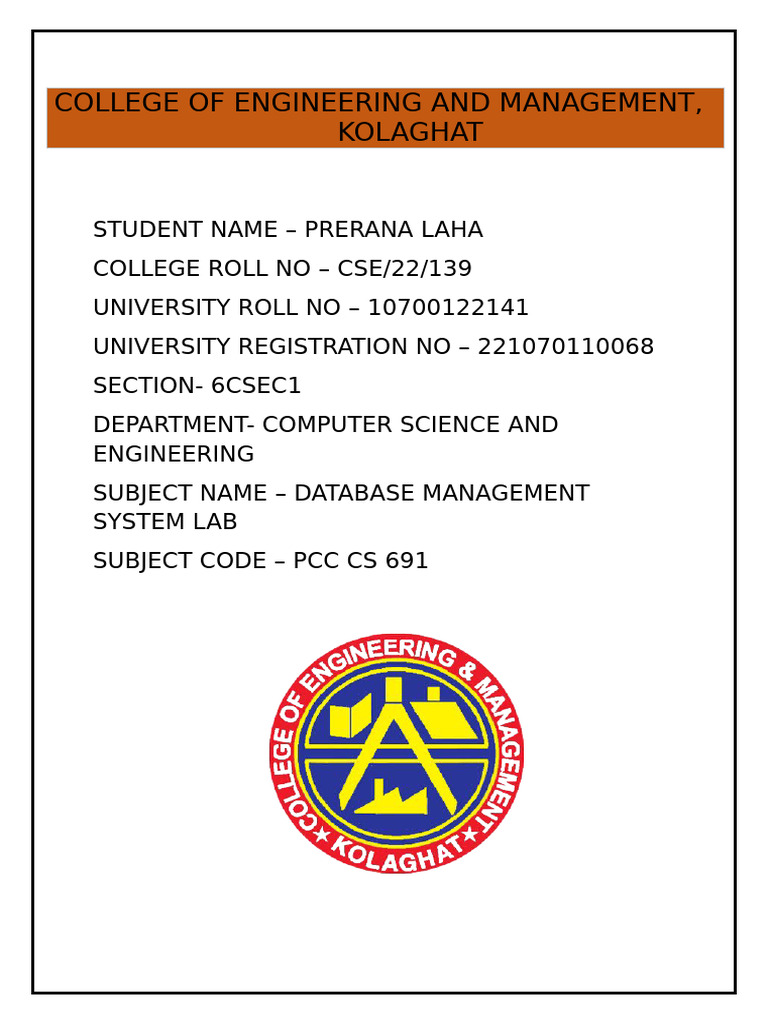 Dbms Front Page | PDF