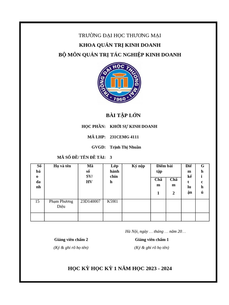 Bài tập lớn khởi sự kinh doanh TMU | PDF
