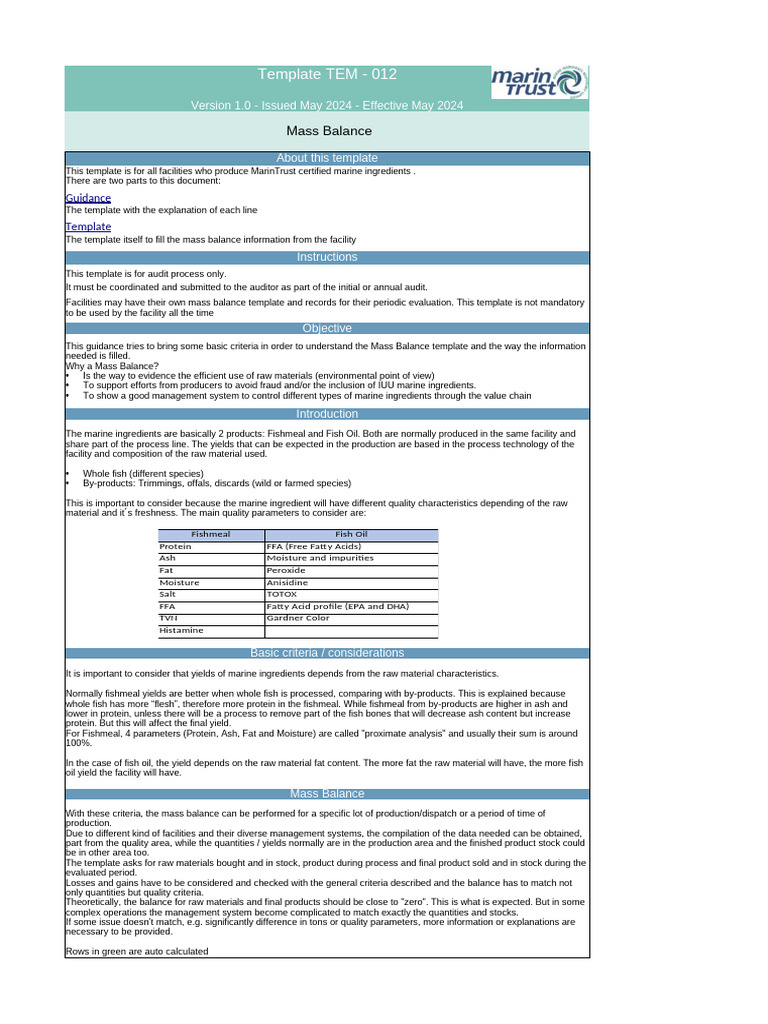 Mass Balance Template for MarinTrust Audit | PDF | Fat