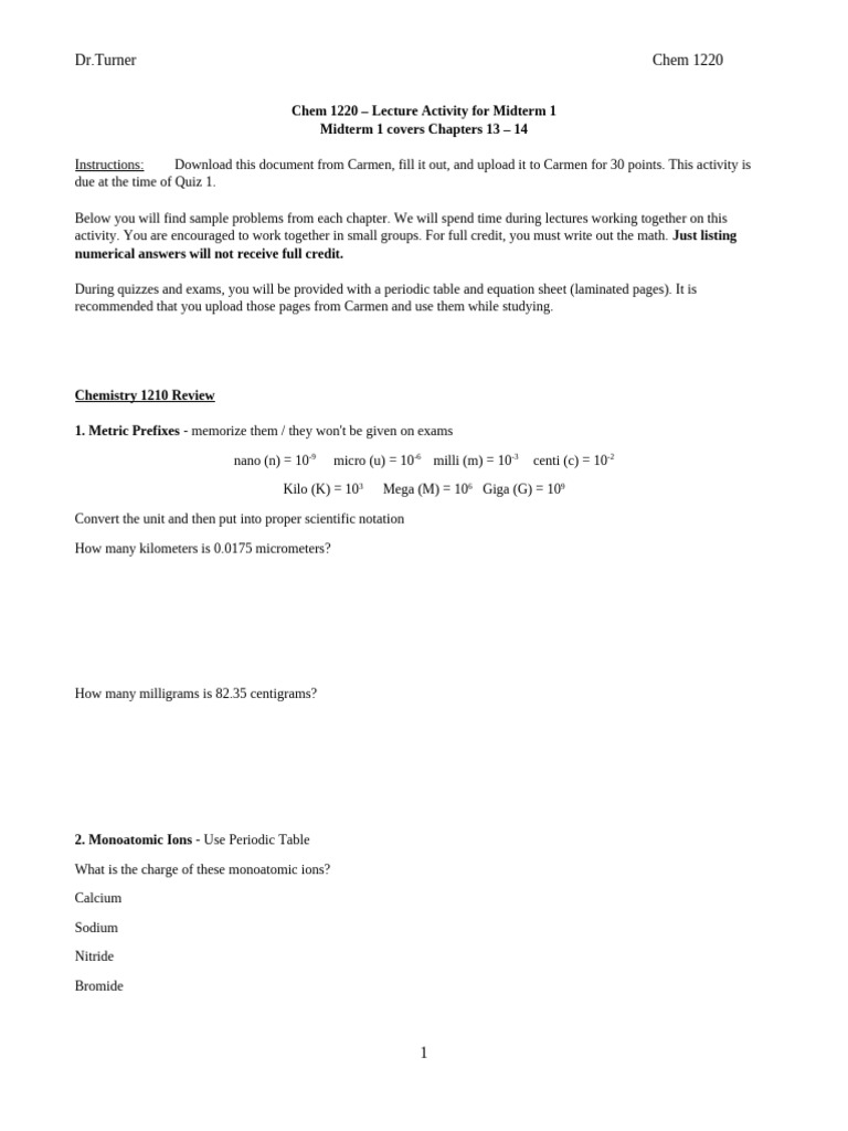 Chem 1220 Midterm 1 Lecture Activity | PDF | Chemical Reactions | Catalysis