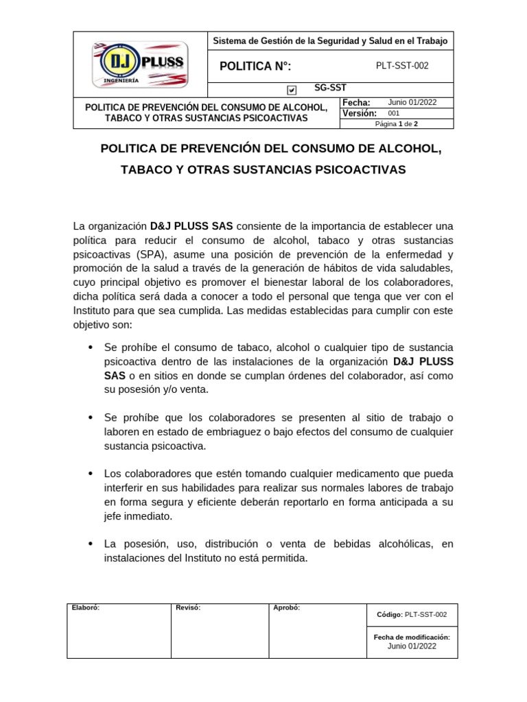 PLT-SST-002 Política de Prevención Del Consumo de Alcohol, Tabaco y Otras Sustancias ...