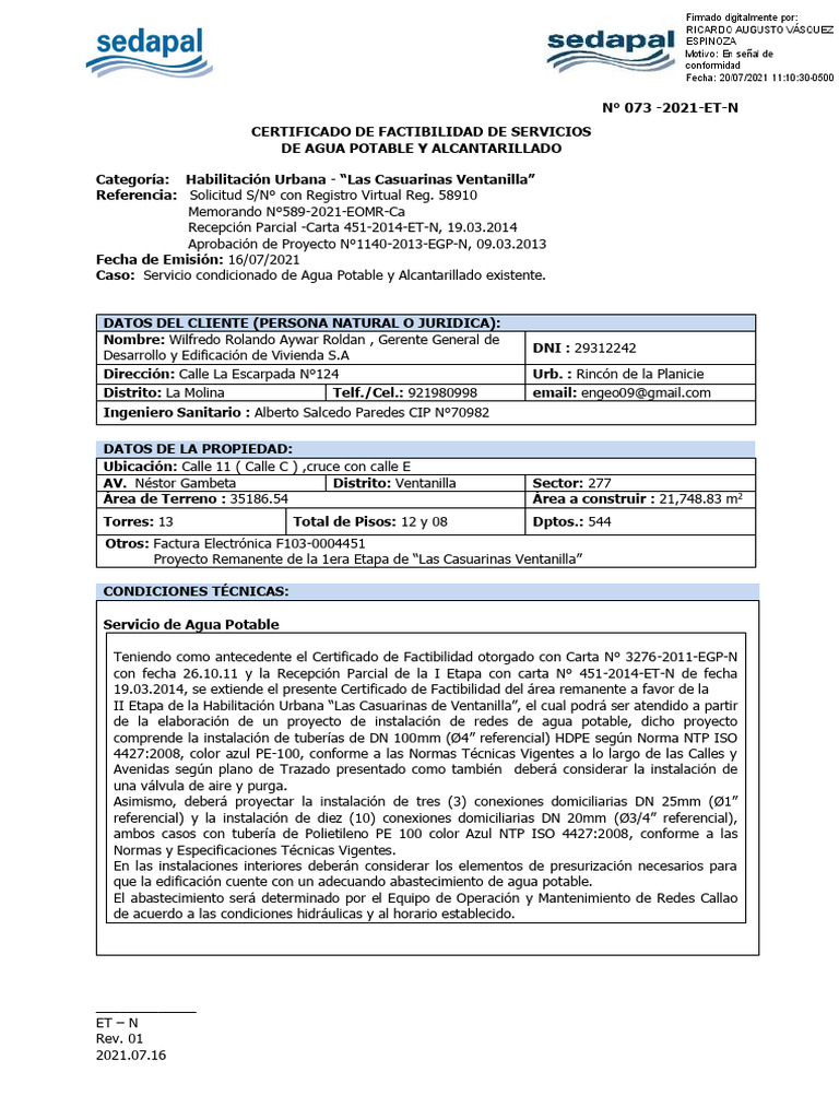 Certificado de Factibilidad N 073-2021-Et-N | PDF | Alcantarillado | Ingeniería Ambiental