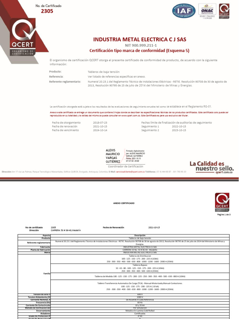 Certificación de Tableros Eléctricos 2305 | PDF | Distribución de ...