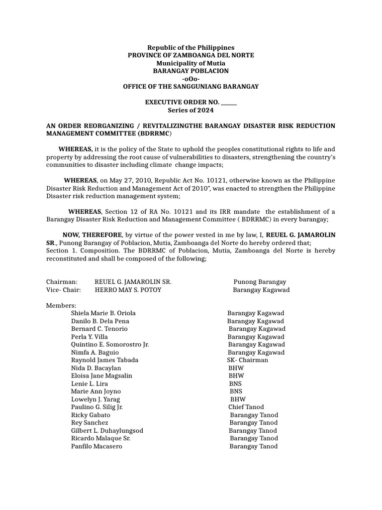 Reorganization of BDRRMC in Mutia | PDF | Disaster Risk Reduction ...