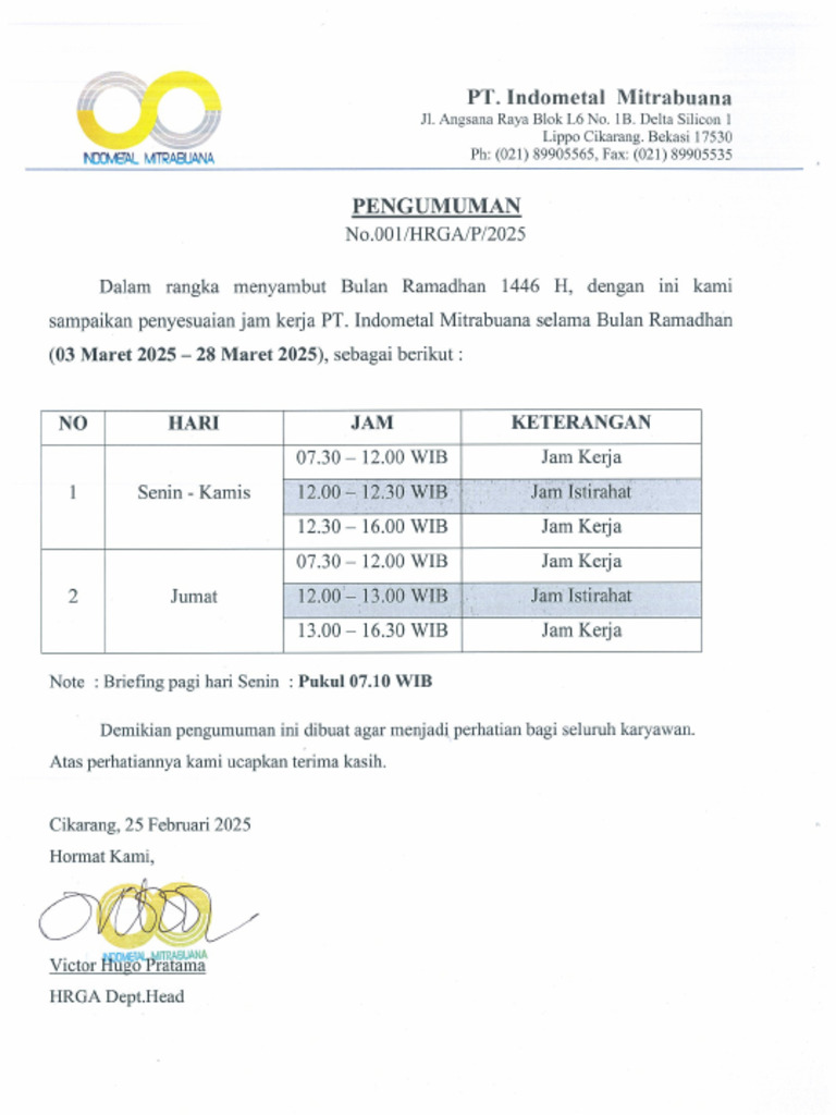 Pengumuman Jam Kerja Selama Bulan Ramadhan 2025 | PDF