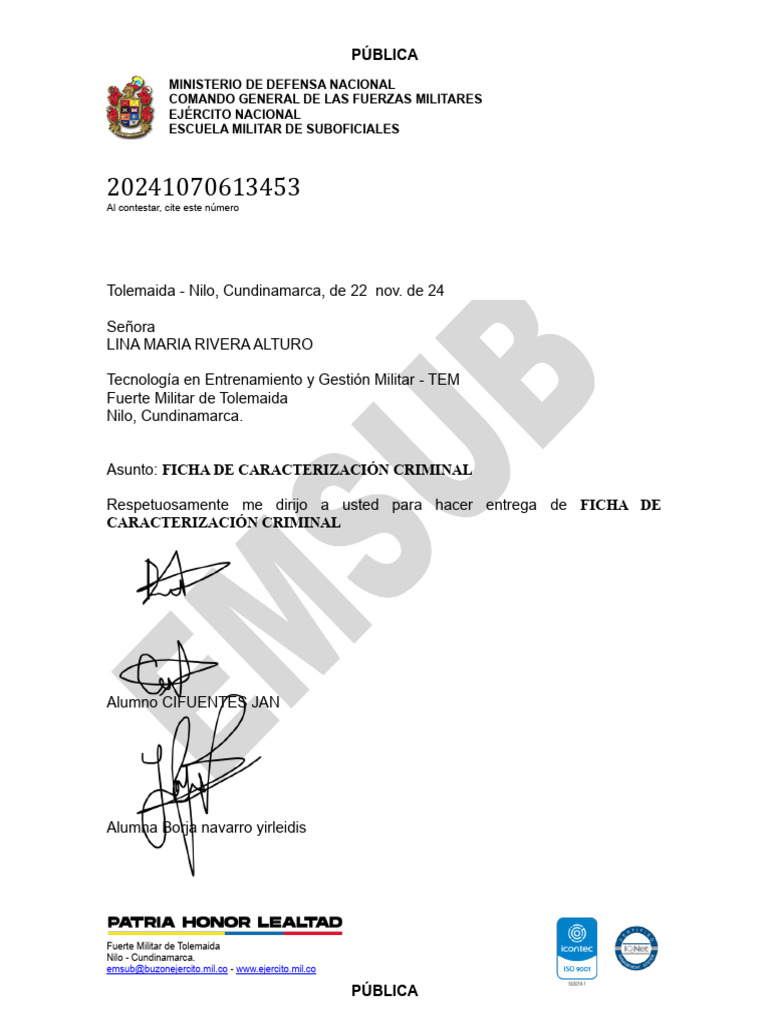 Ofico Ficha de Caracterización Criminal | PDF