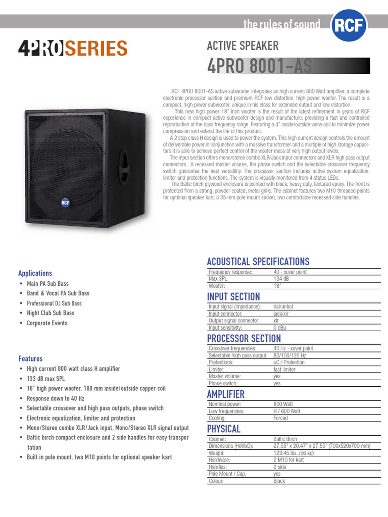 RCF 4PRO8001AS Spec Sheet | PDF | Loudspeaker | Signal Processing