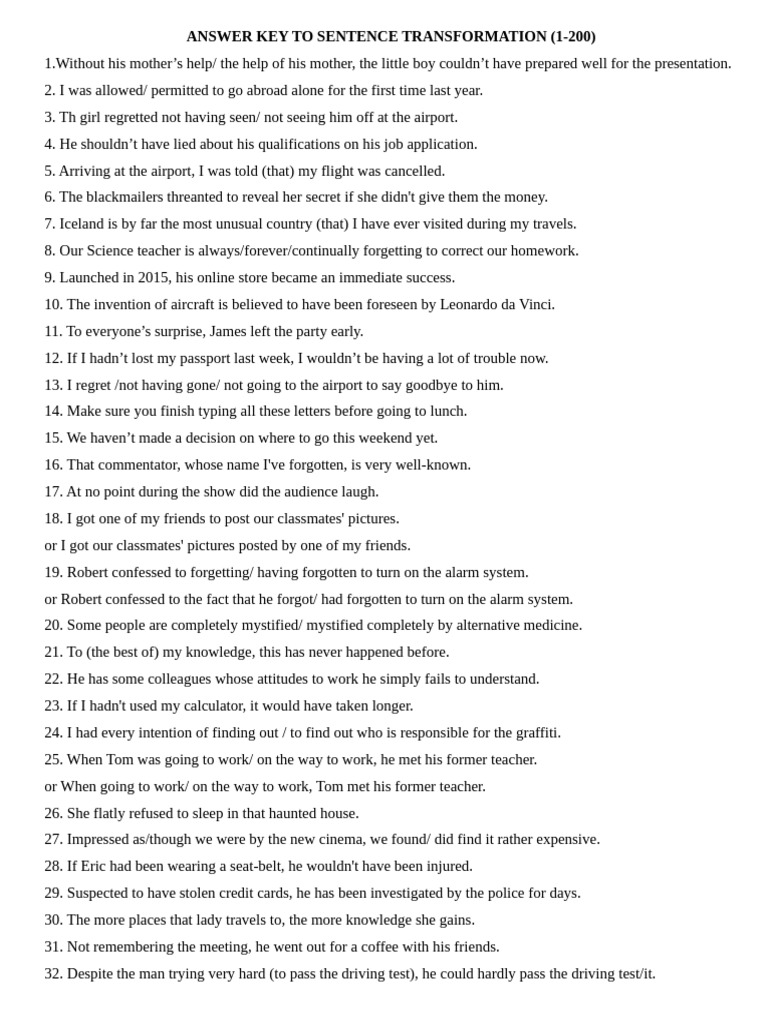 Sentence Transformation Answers for Class 9 | PDF