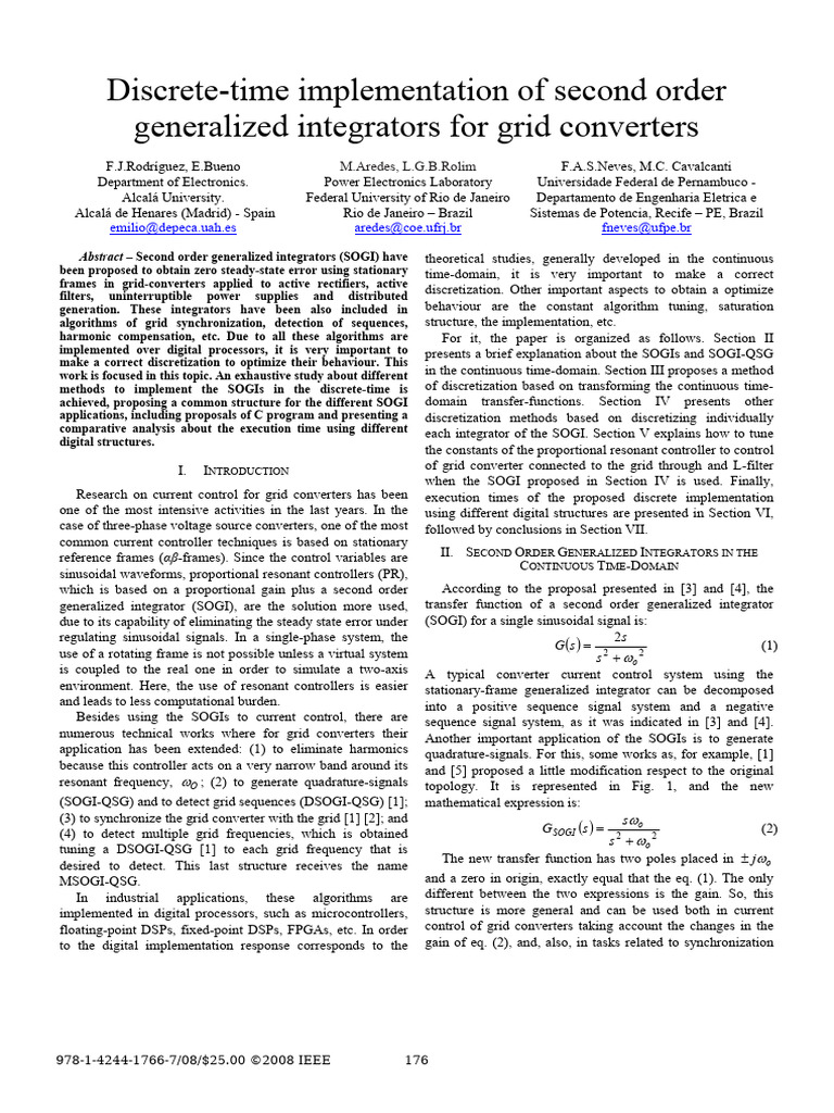 Discrete-Time Implementation of Second Order Generalized Integrators For Grid Converters | PDF ...