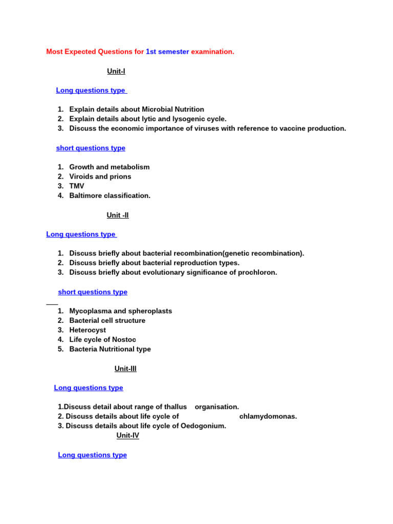 Most Expected Questions For 1st Semester Examination | PDF