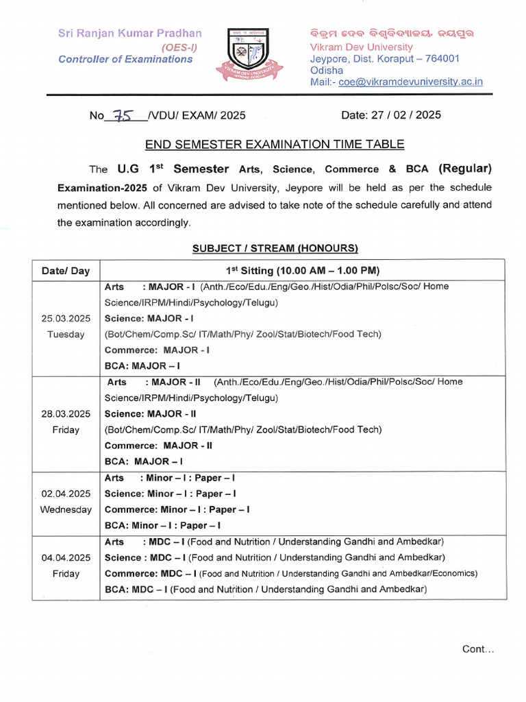 Corrected Time Table of UG 1st Sem Exam-2025 (Theory | PDF