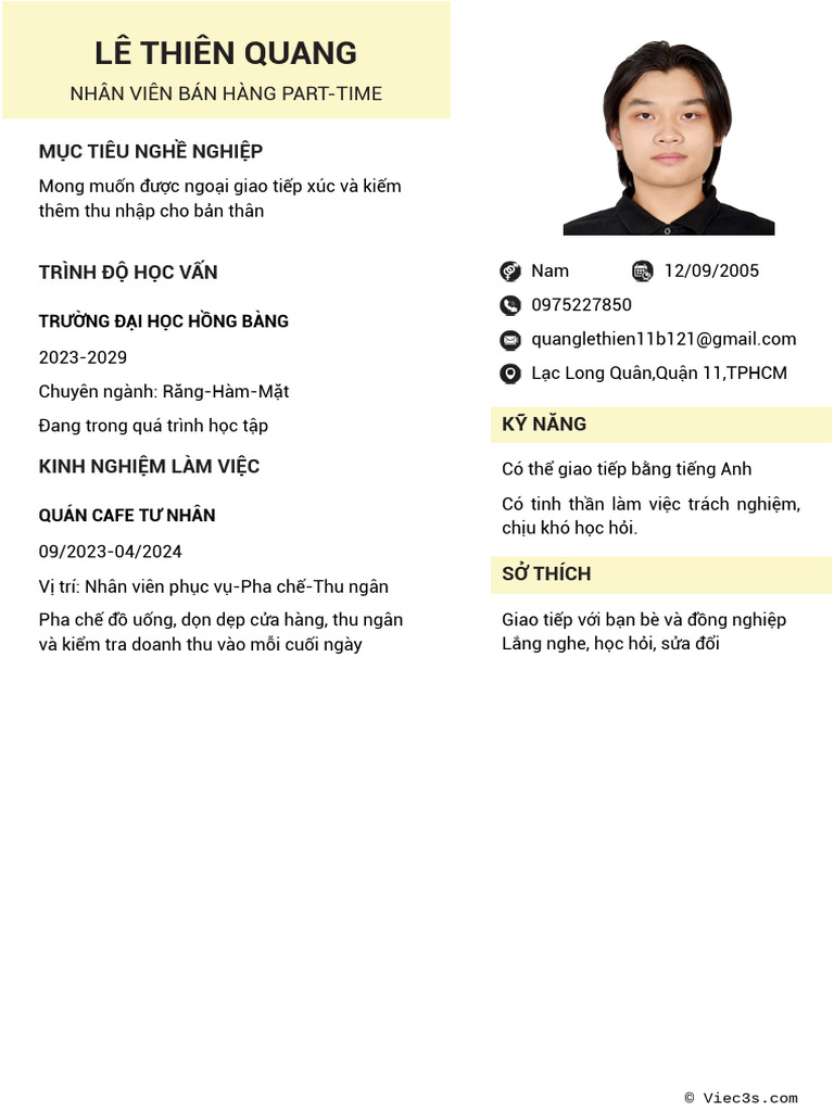 Lê Thiên Quang: Nhân Viên Bán Hàng Part-Time | PDF