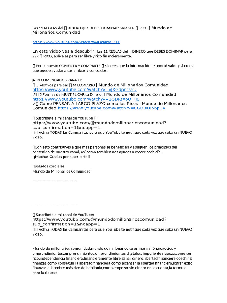 Las 11 REGLAS Del DINERO Que DEBES DOMINAR para SER RICO | PDF | Economias | Dinero