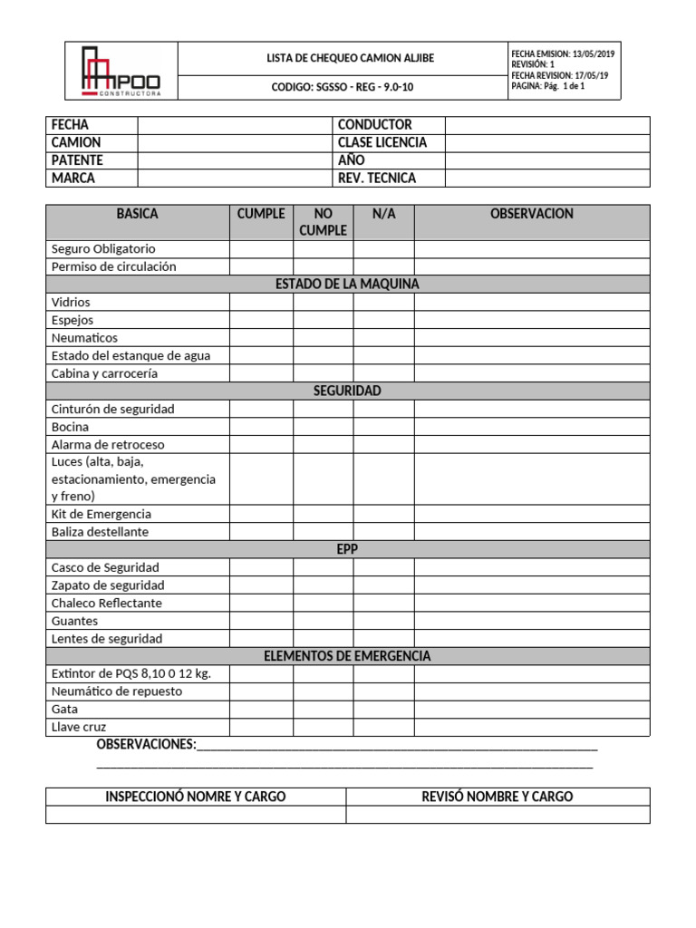 Lista de Chequeo Inicial Camion Aljibe | PDF