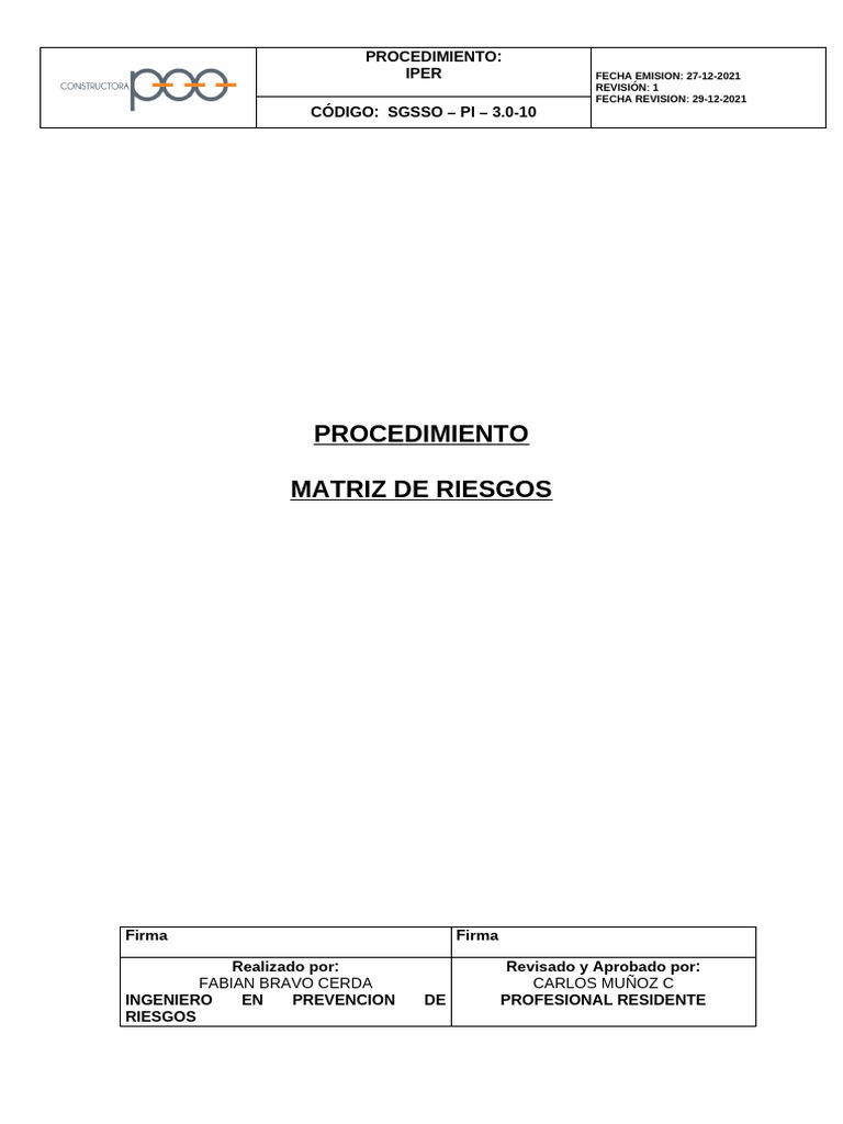 Anexo 1.-Procedimiento Matriz Iper | PDF | Evaluación de riesgos | Riesgo