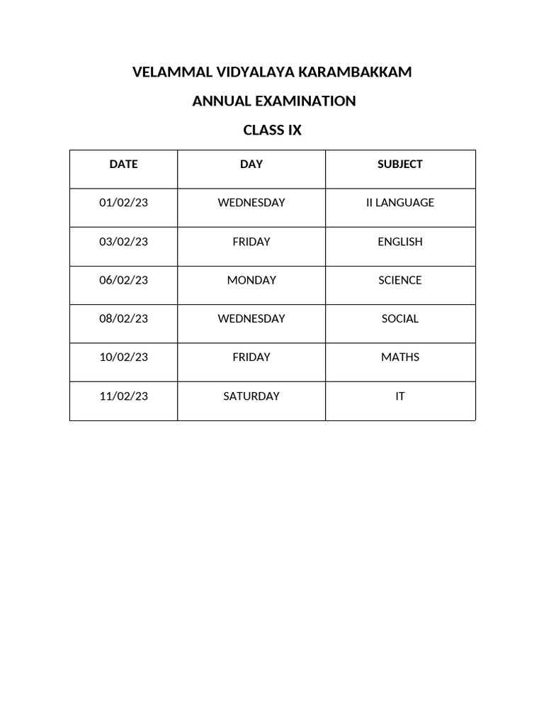 Annual Exam Timetable -Class Ix_24012023_145902 | PDF