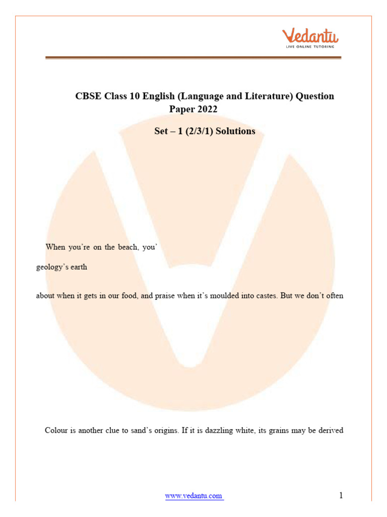 Class 10 English Question Paper Solutions | PDF | Sand | Water
