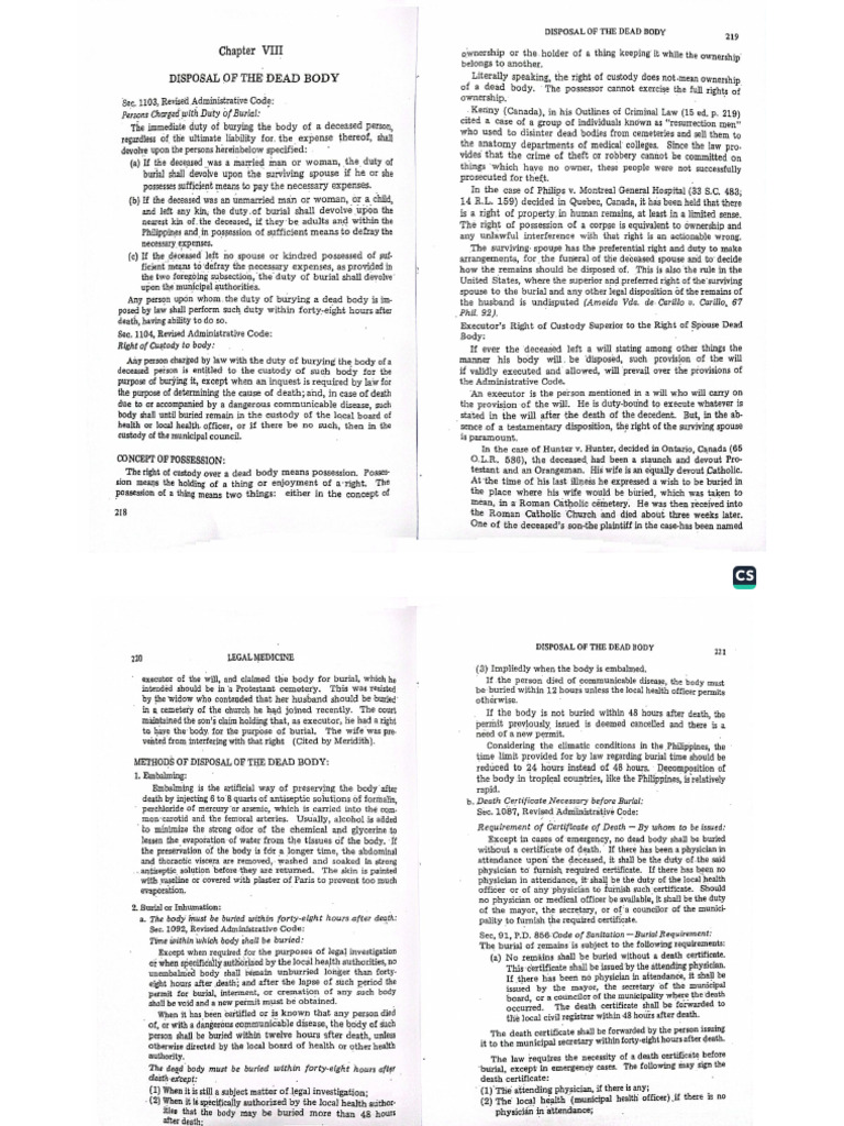 Chapter VIII Disposal of The Dead Body | PDF