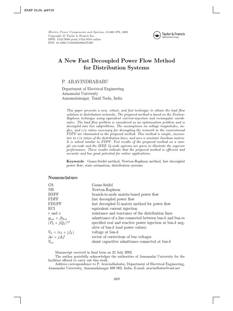 A New Fast Decoupled Power Flow Method Pdf Electrical Engineering Electricity