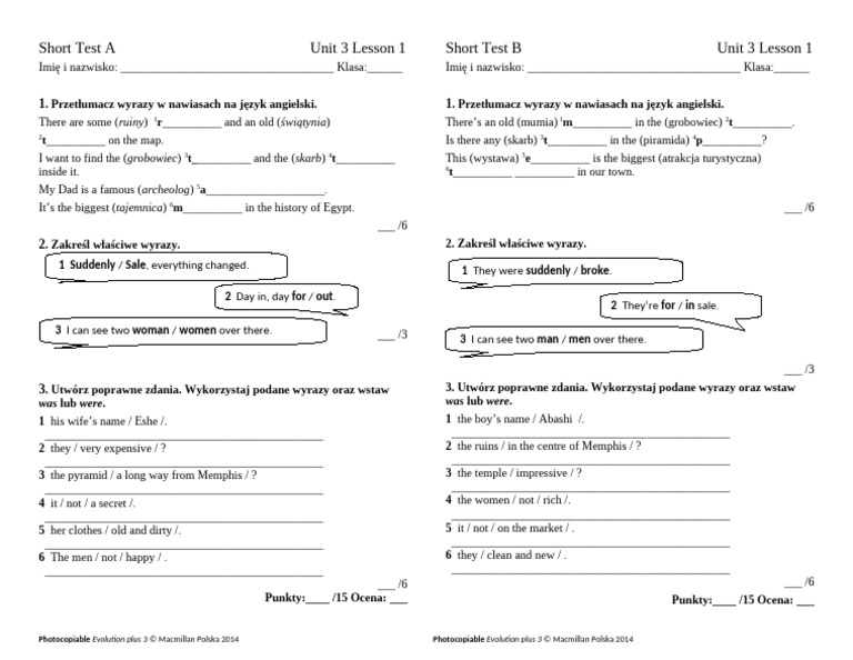 Short Tests Unit 3 Lesson 1 | PDF