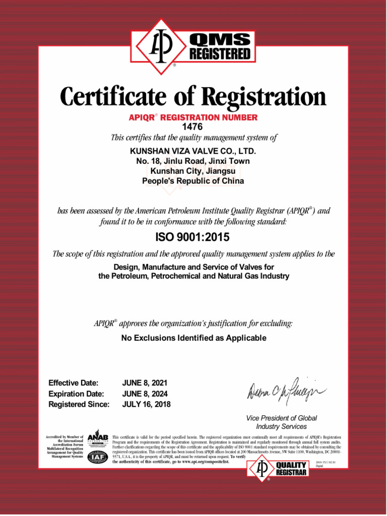 Kunshan Viza Valve Co. ISO 9001:2015 | PDF