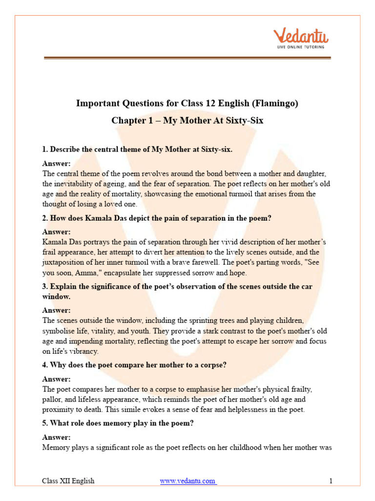 Class 12 English Chapter 1 My Mother at Sixty-Six Important Questions ...