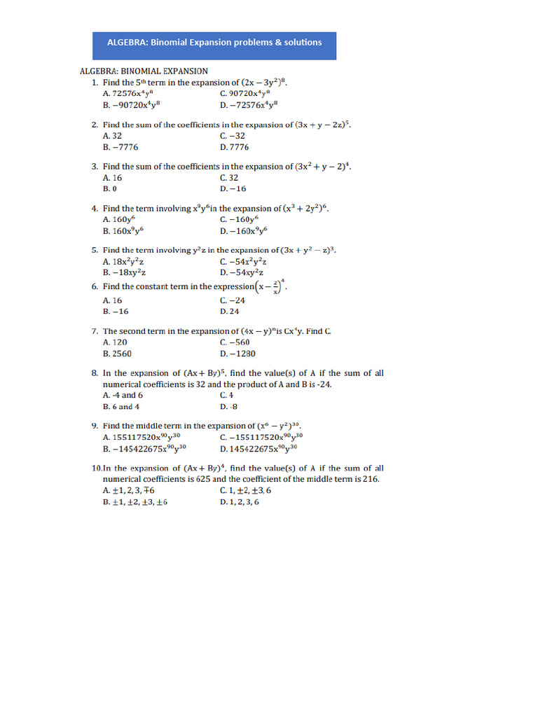 Binomial Expansion_ALGEBRA_Problems & Solutions | PDF
