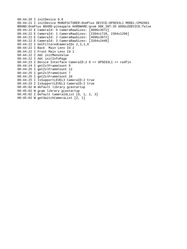 OnePlus OP5E93L1 Camera Initialization Log | PDF