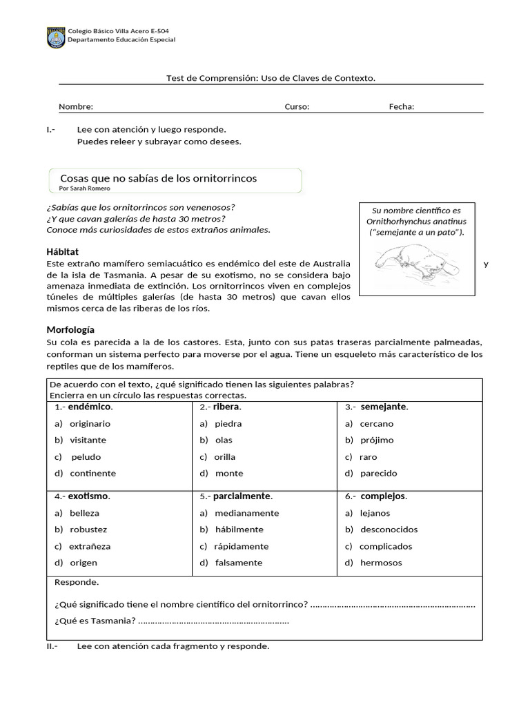 Test De Comprensión Ornitorrincos Pdf