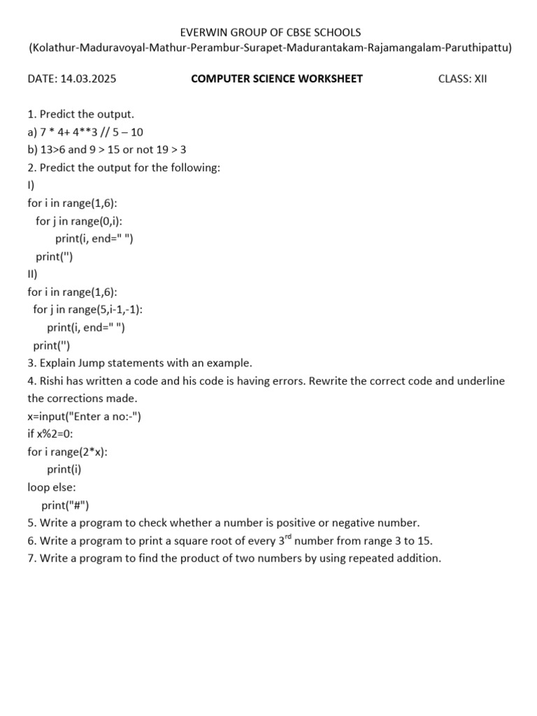 CLASS XII-CS Worksheet - 14.03.2025 | PDF