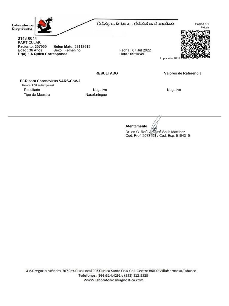 Resultado PCR COVID-19 Negativo | PDF