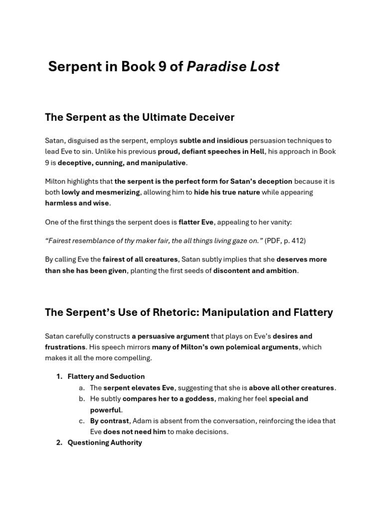 Paradise Lost Book 9 The Serpent | PDF | Serpents In The Bible | Eve
