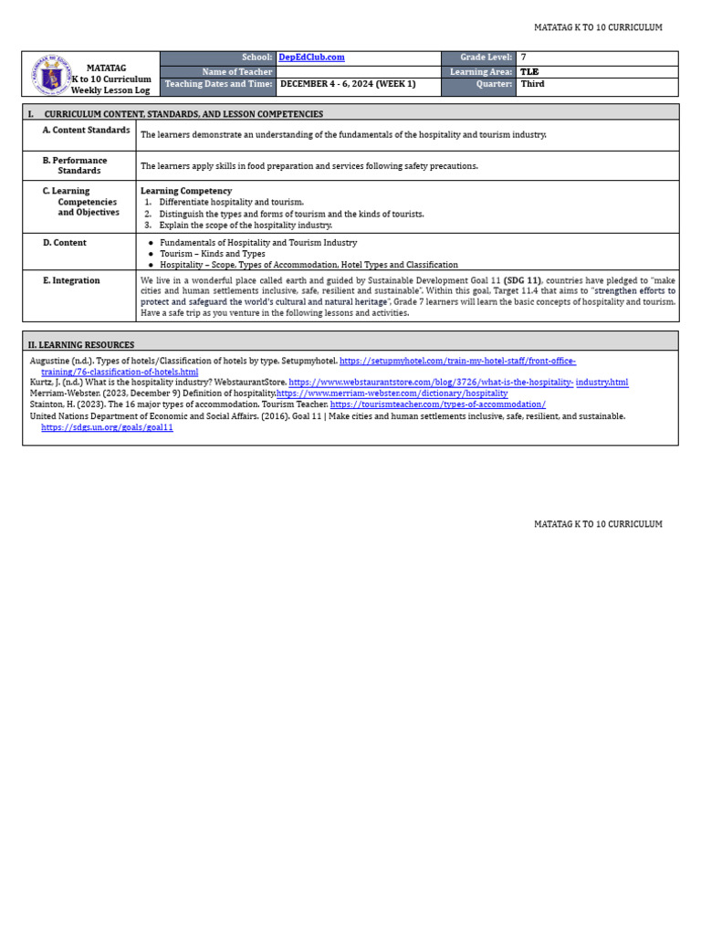 DLL Matatag - Tle 7 Q3 W1 | PDF | Tourism | Curriculum