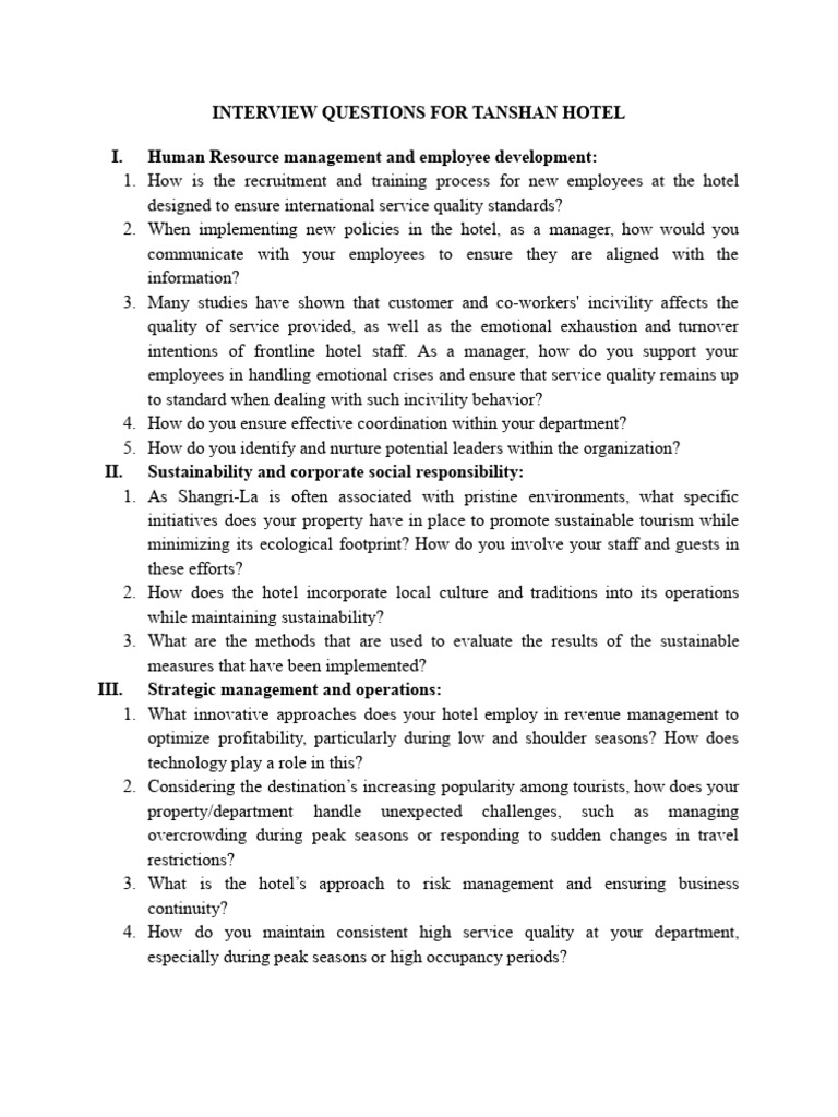 Interview Questions for Tanshan Hotel | PDF | Employment | Corporate ...