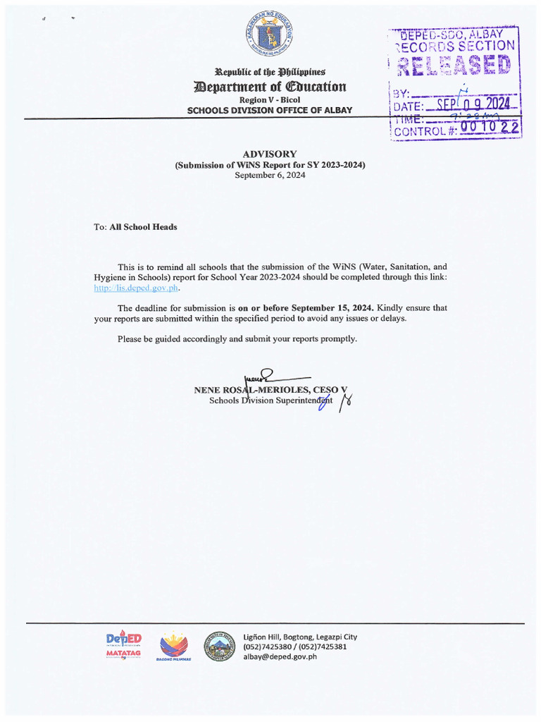 Advisory Submission of WiNS For SY 2023-2024 | PDF