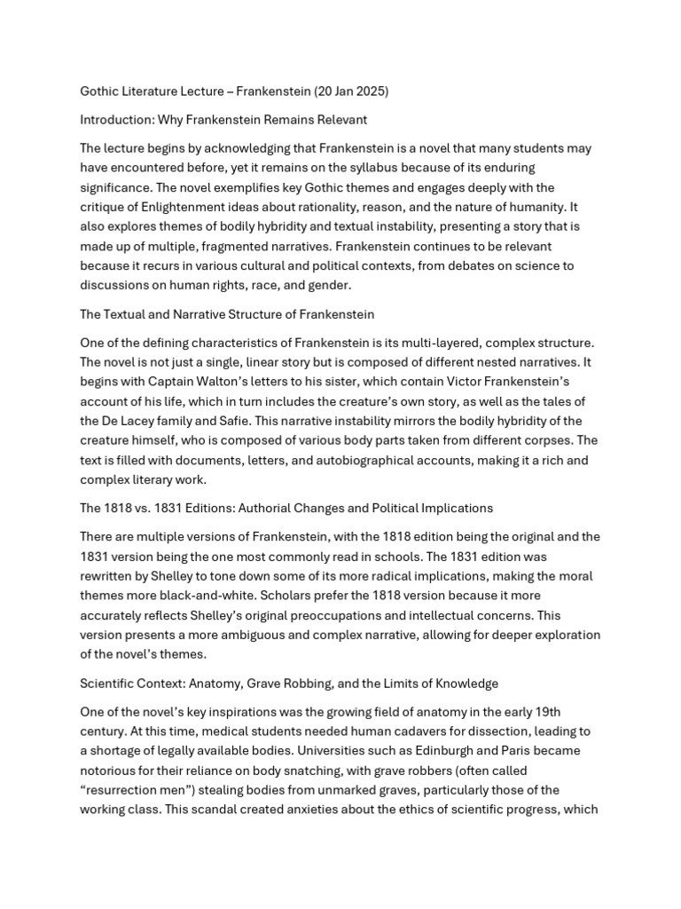 Gothic Lit Lecture Transcript 20 1 2025 | PDF | Frankenstein | Age Of Enlightenment