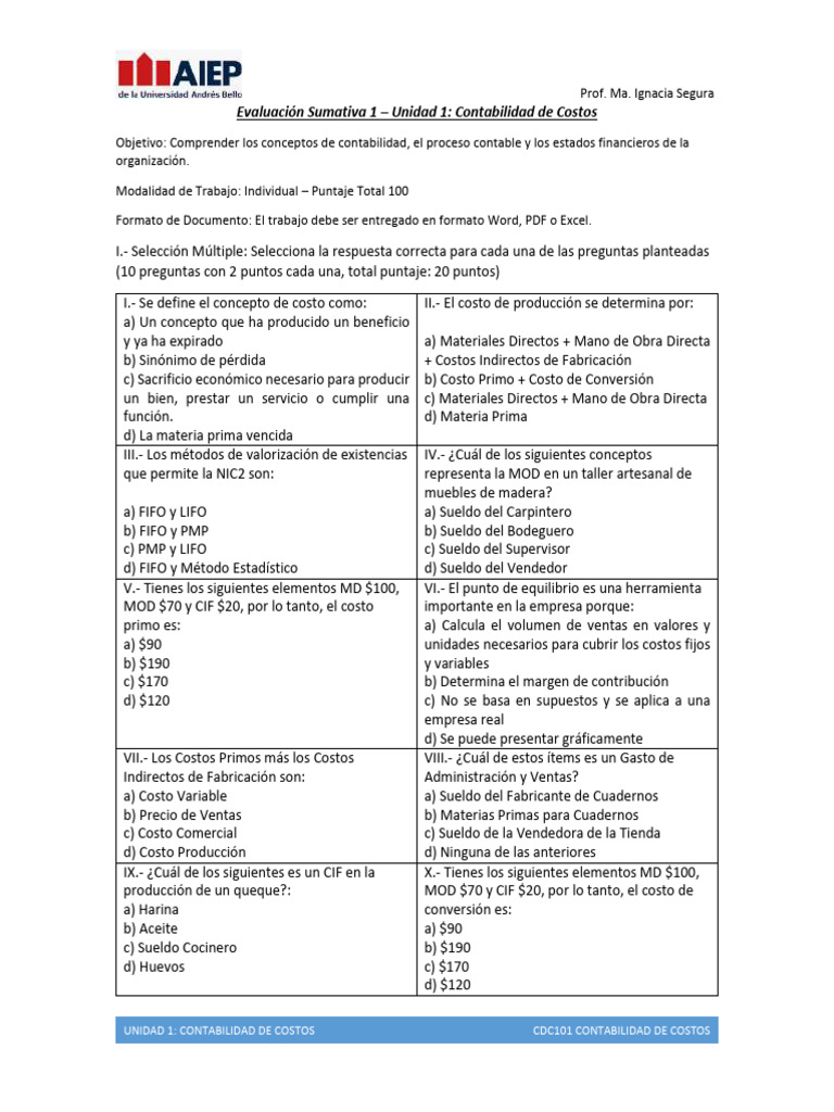 Evaluación Sumativa Unidad I - CDC101 | PDF | Contabilidad de costos | Contabilidad