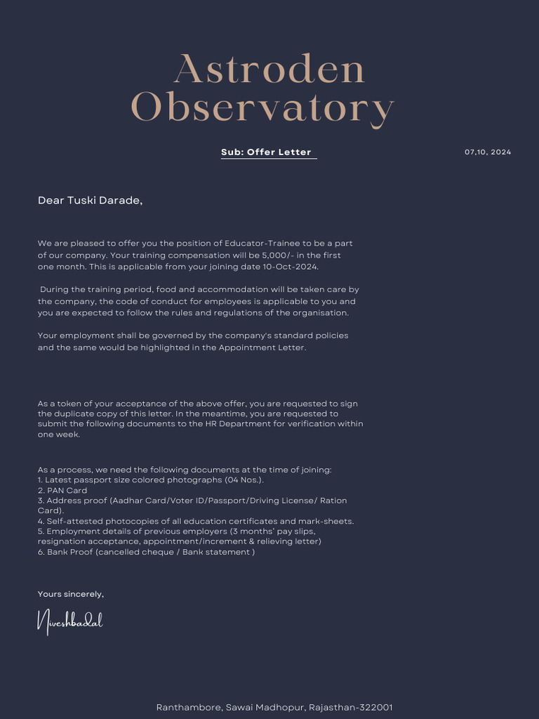 Tuski Darade Offer Letter | PDF