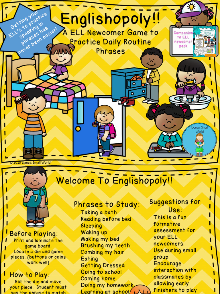 Englishopoly!!: A ELL Newcomer Game To Practice Daily Routine Phrases | PDF