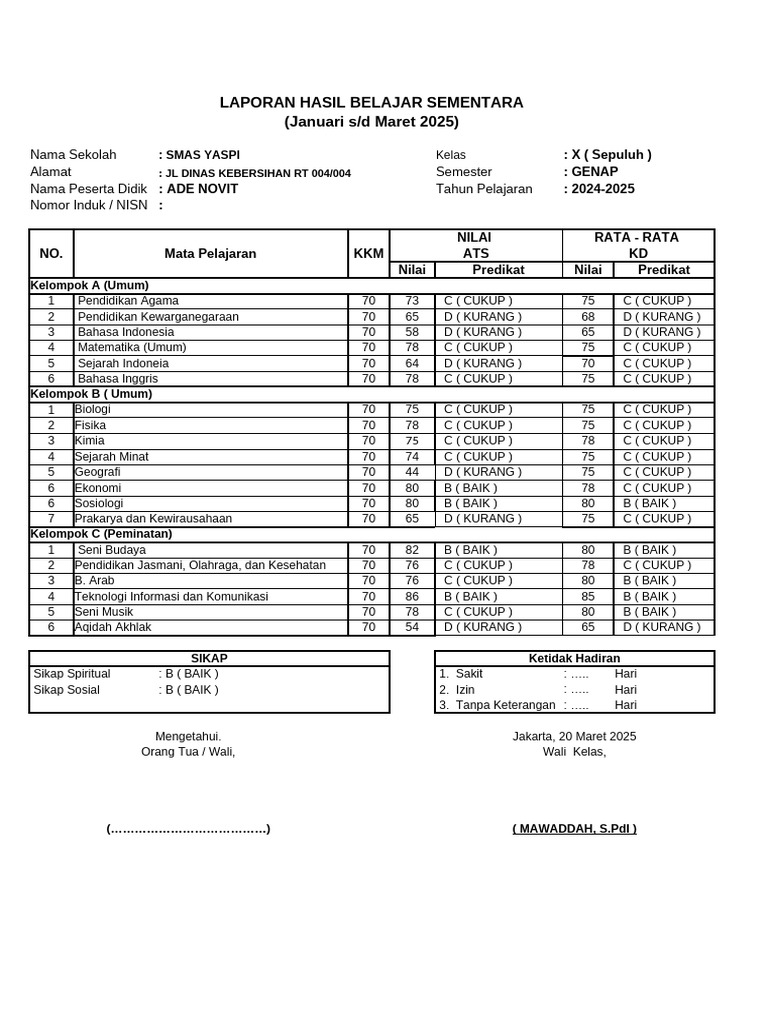 Rapot Ats Sma Yaspi Genap 2025 | PDF